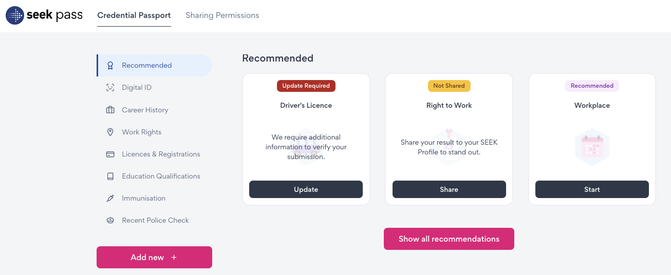 Credential recommendations – SEEK Pass